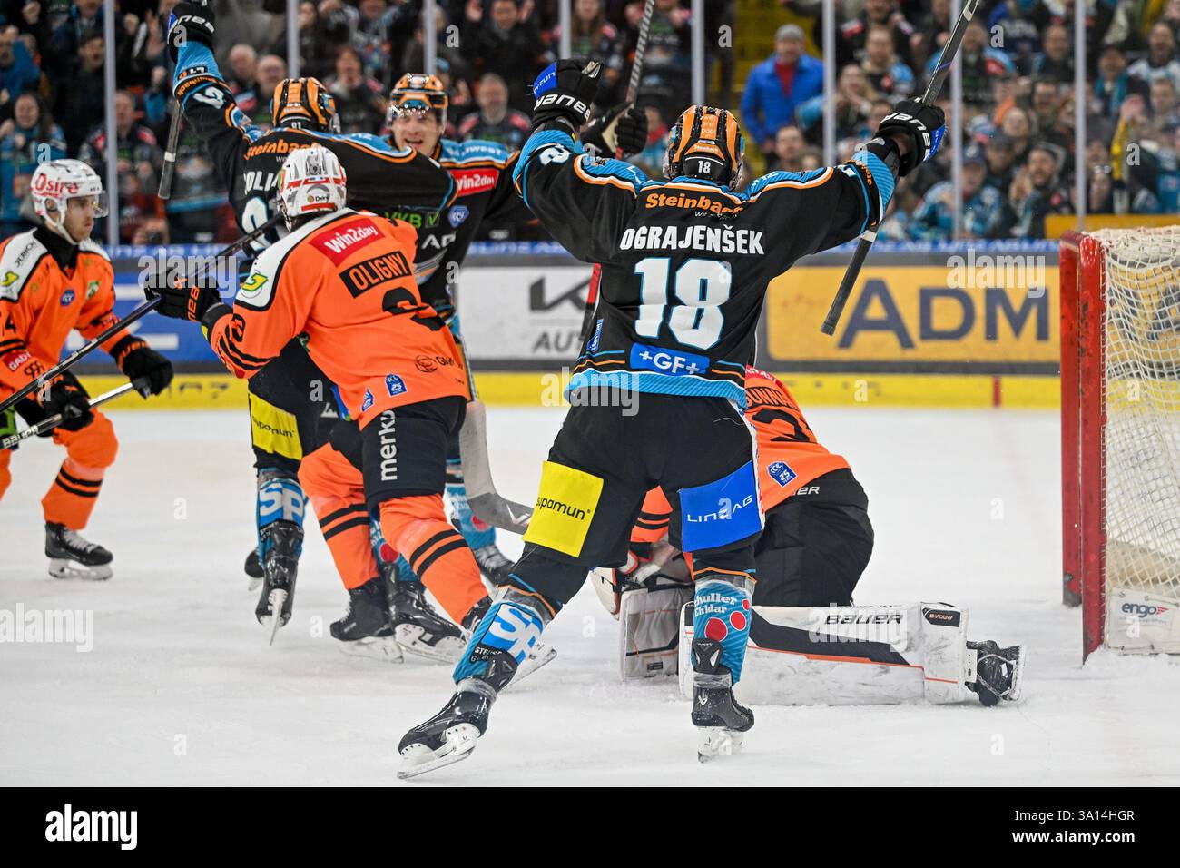 LINZ, AUSTRIA -MARCH 6: Jimmy Oligny of Graz 99ers, Sean Brendan Collins of Steinbach Black ...