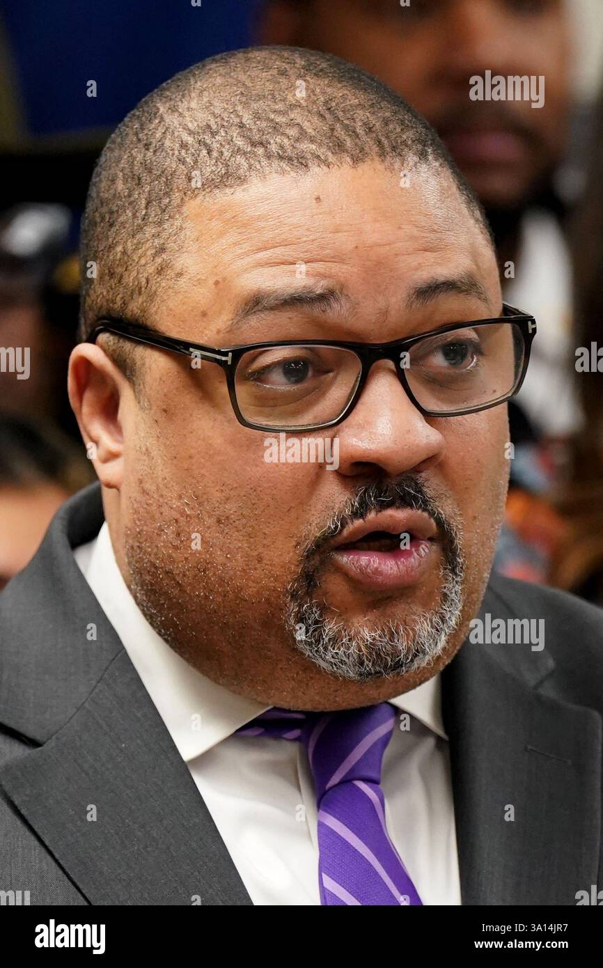 Ny. 06th Mar, 2025. Alvin Bragg at the press conference for Mayor Adams ...