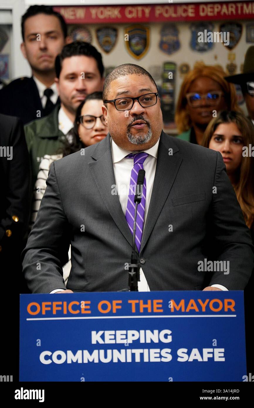 Ny. 06th Mar, 2025. Alvin Bragg at the press conference for Mayor Adams Announces New Community ...
