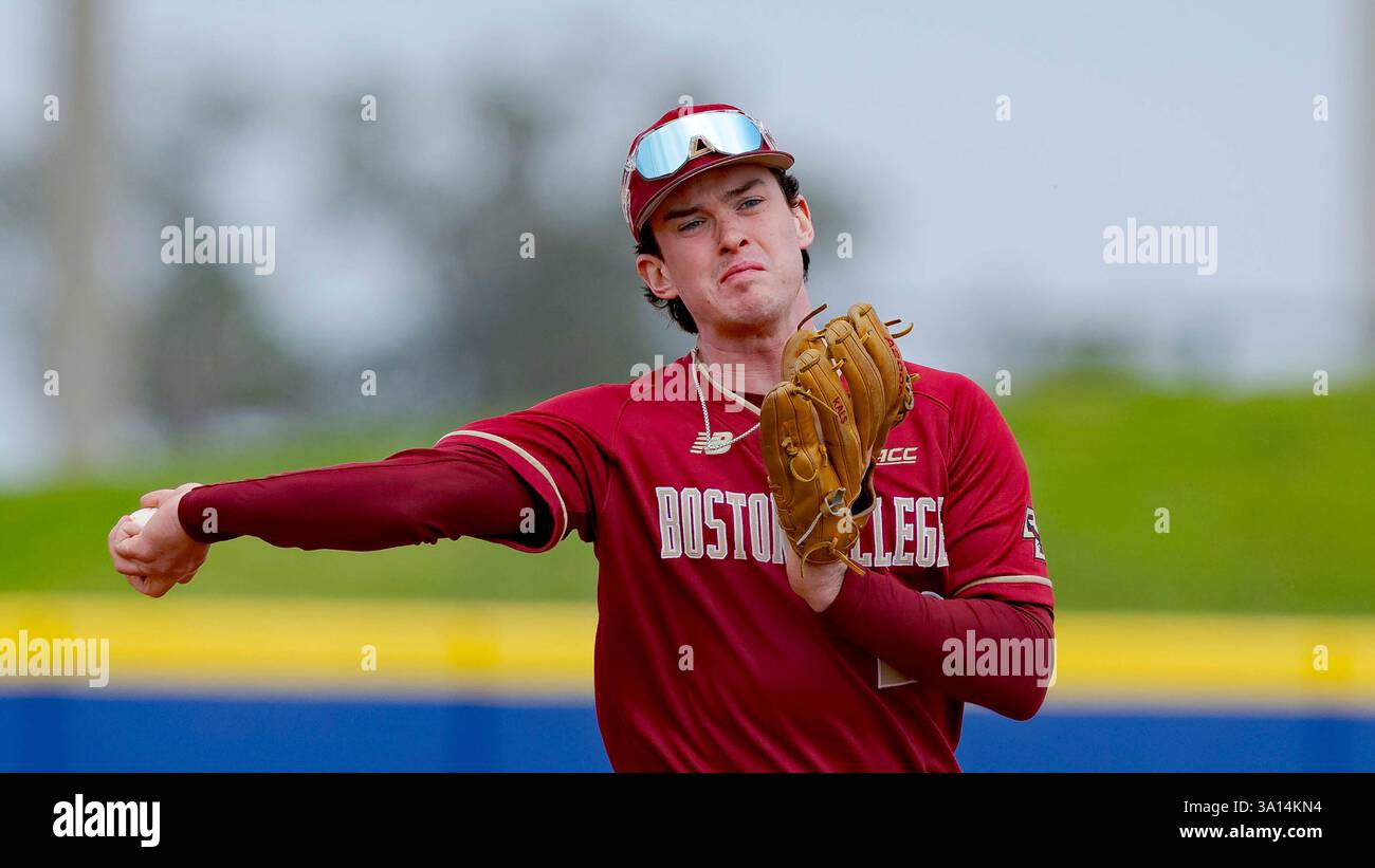 Boston College infielder Sam McNulty (28) throws during an NCAA ...