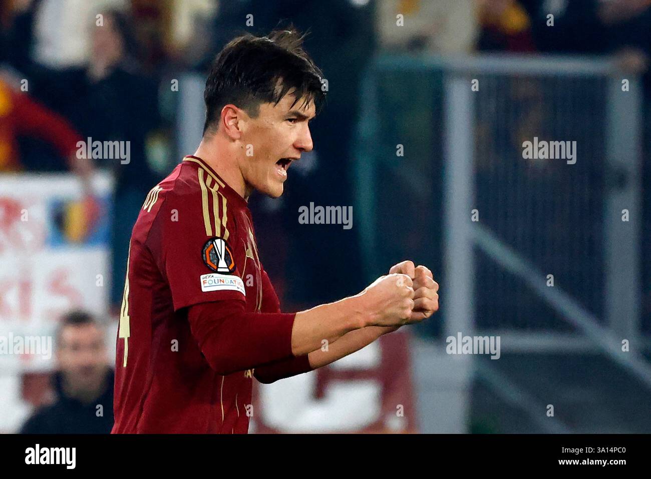 Rome, Italy, 6 March, 2025. Eldor Shomurodov, of Roma, celebrates after ...