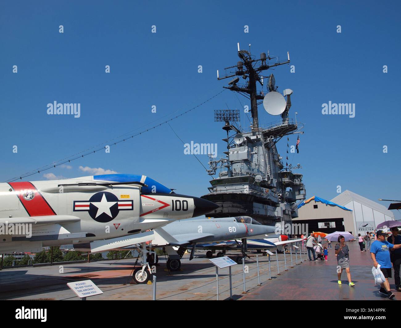Views of the USS Intrepid aircraft carrier flight deck in New York City. Numerous military and ...