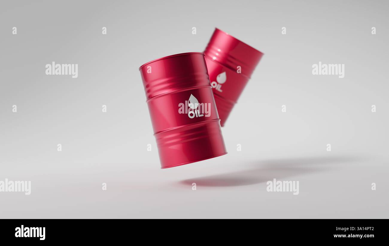 Two floating red metal oil barrels on white background. Front view with ...