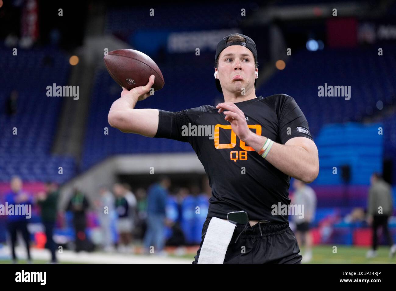 Notre Dame quarterback Riley Leonard runs a drill at the NFL football ...