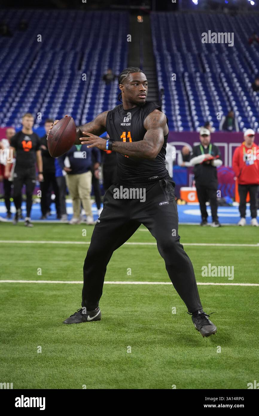 Alabama quarterback Jalen Milroe runs a drill at the NFL football ...