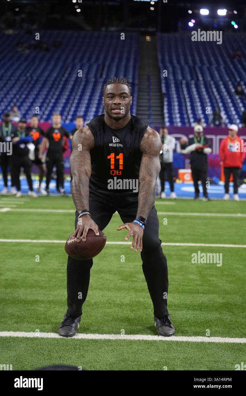 Alabama quarterback Jalen Milroe runs a drill at the NFL football ...