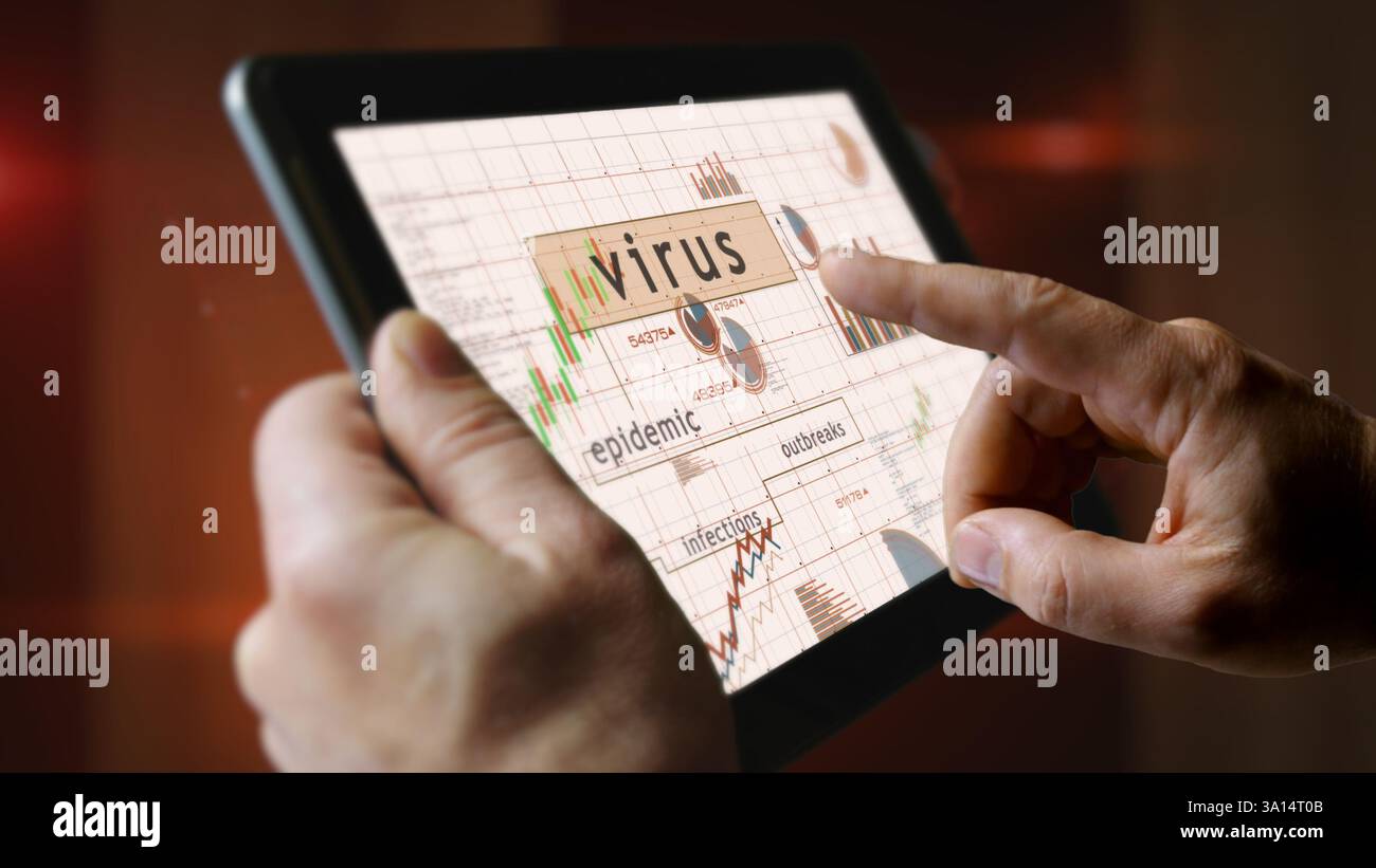 Virus pandemic crisis charts and graphs diagram on touchscreen pad ...