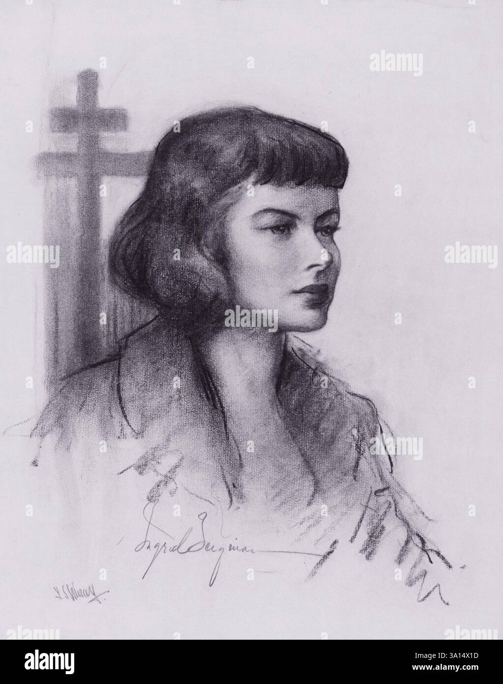 Drawing of actress Ingrid Bergman (29 Aug 1915 - 29 Aug 1982) by Samuel ...