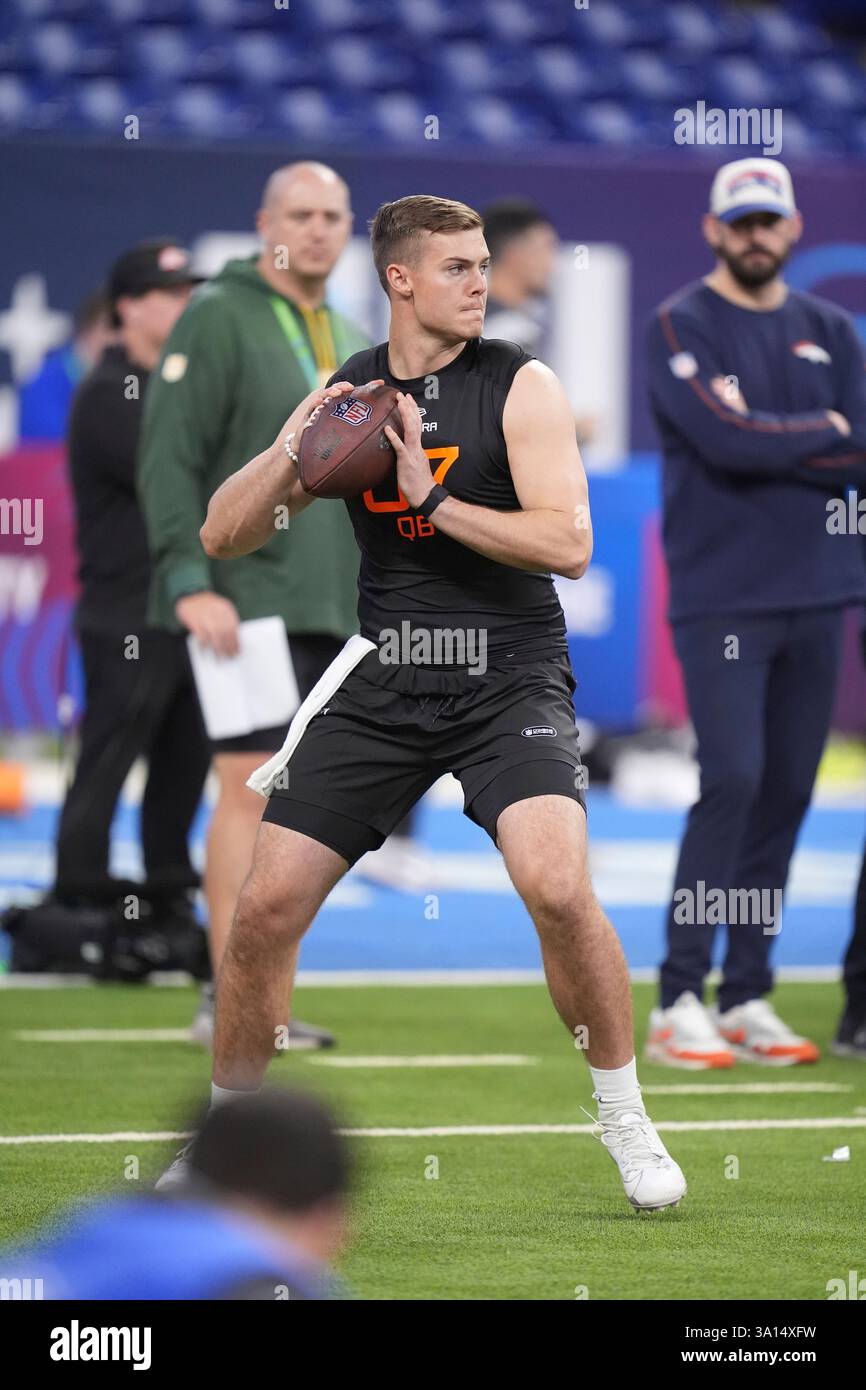 Ohio State quarterback Will Howard runs a drill at the NFL football ...