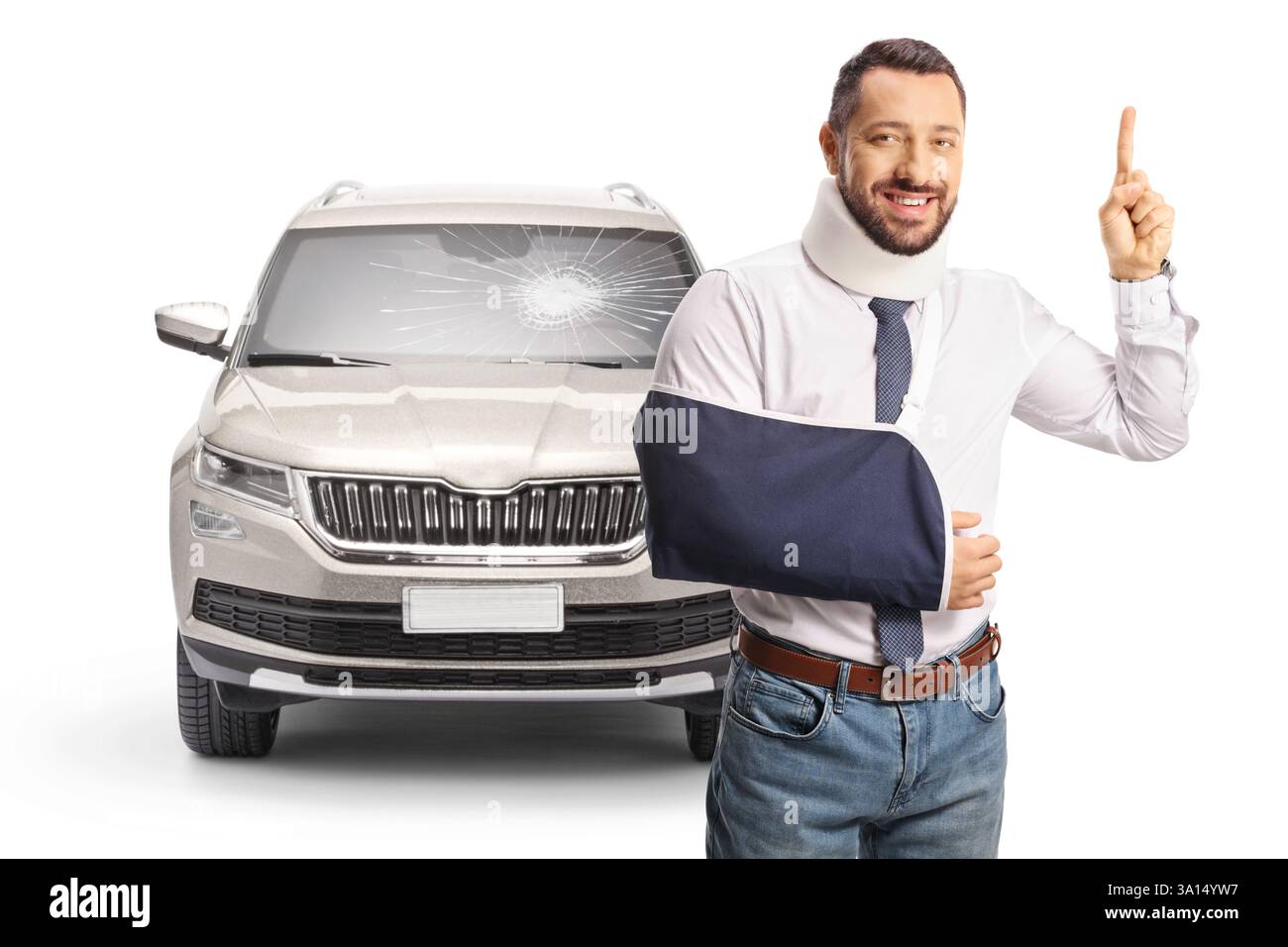 Injured car driver with a cervical collar and arm sling pointing up ...