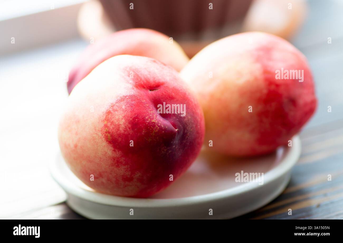 Peaches close-up. Healthy eating concept, vitamins Stock Photo - Alamy