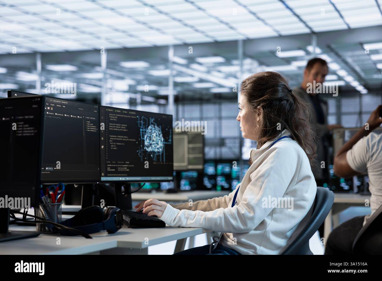 Engineer doing job shift in AI server hub used for processing vast amounts of data. Artificial ...