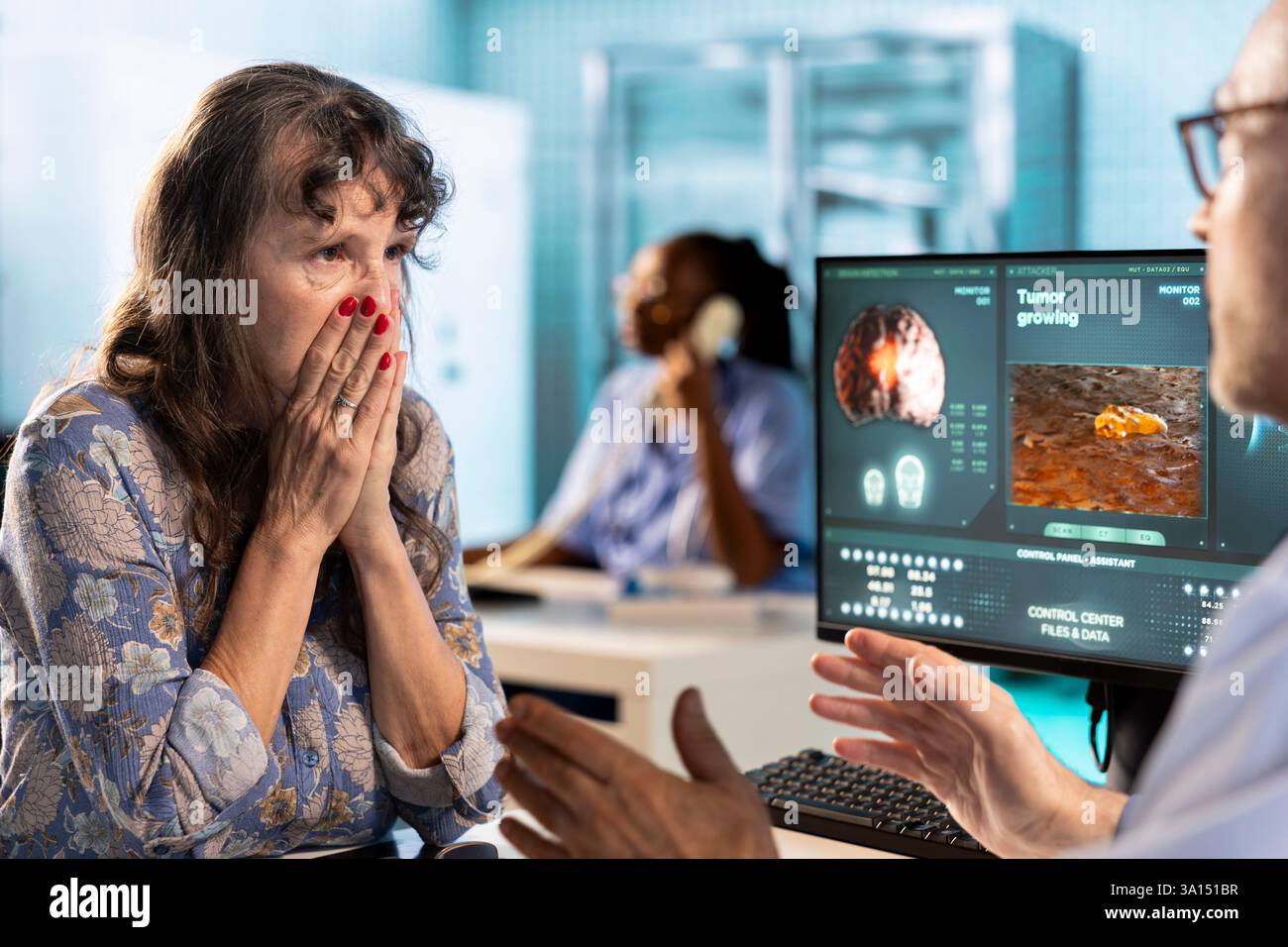 Scared senior woman receiving a severe diagnostics after x ray scan ...