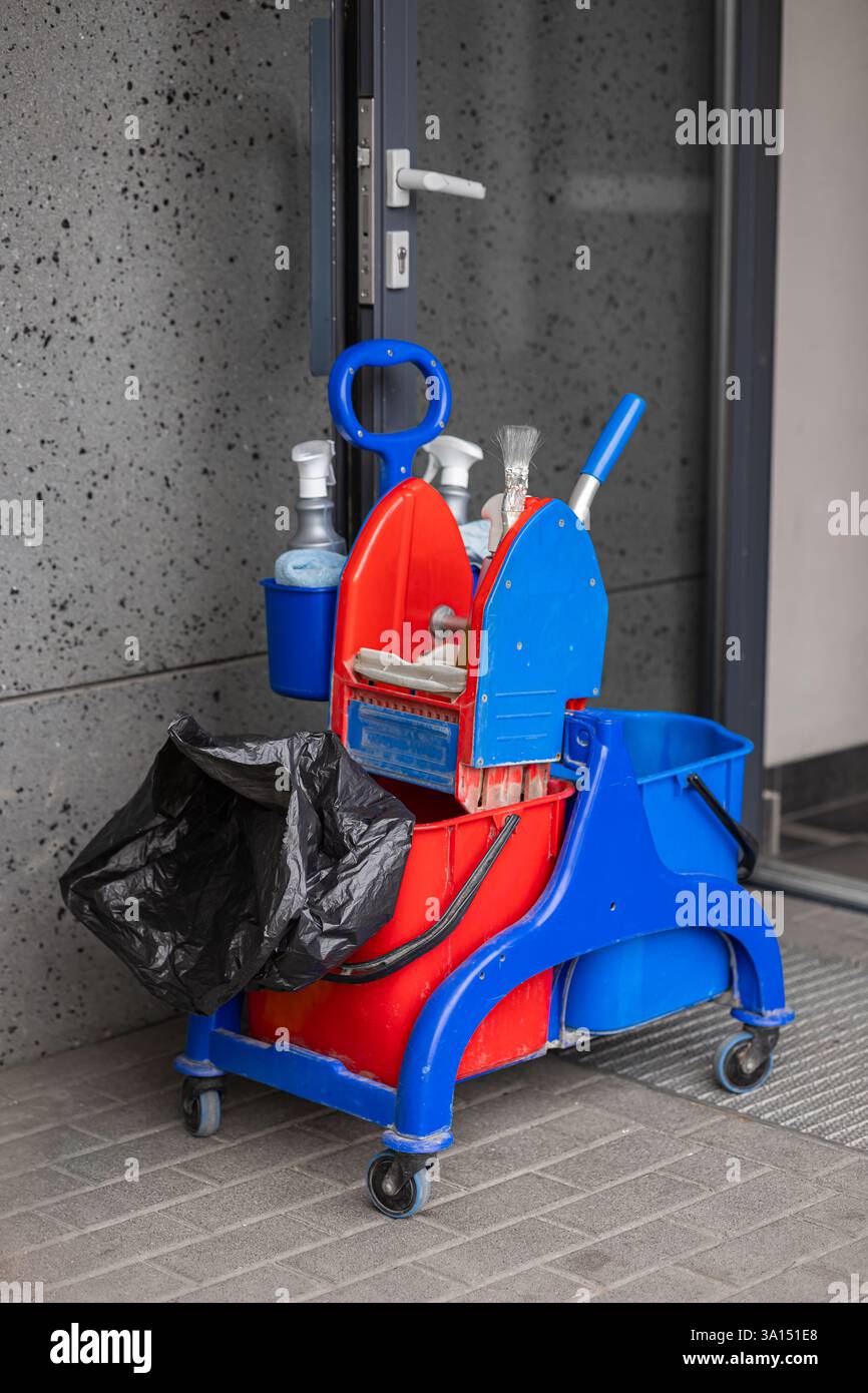 Professional cleaning cart with mop, buckets, and spray bottles ...