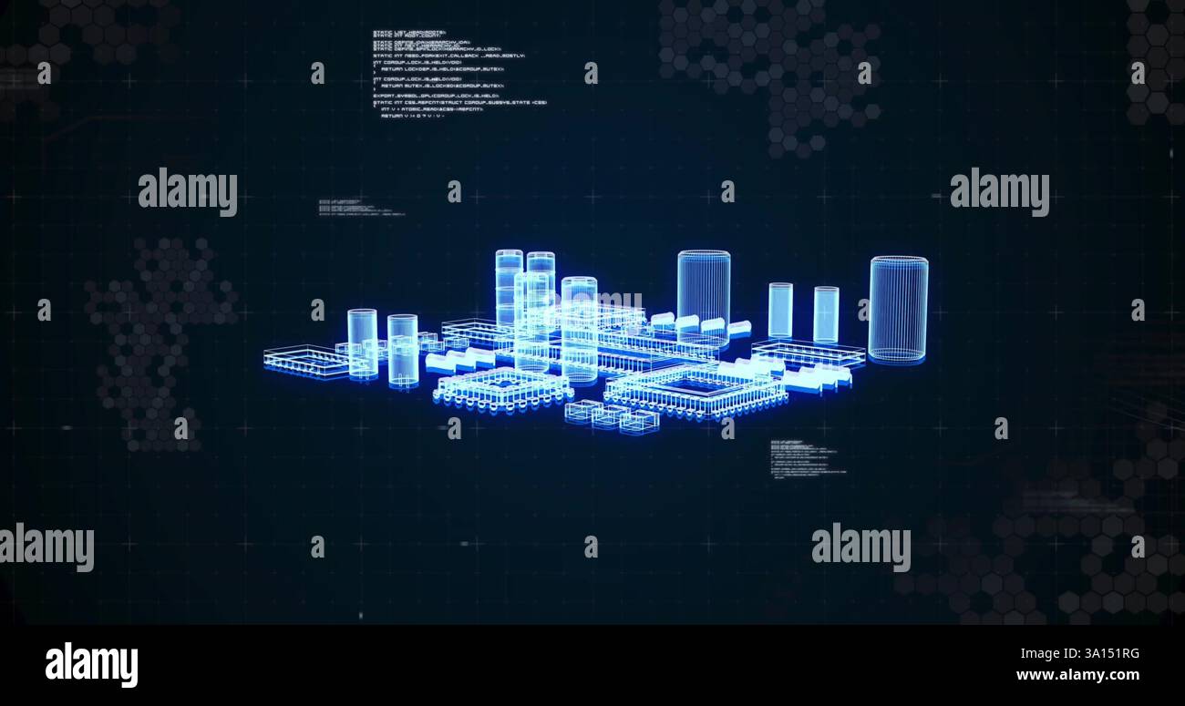 Digital data processing image over futuristic cityscape with text and hexagonal patterns Stock ...