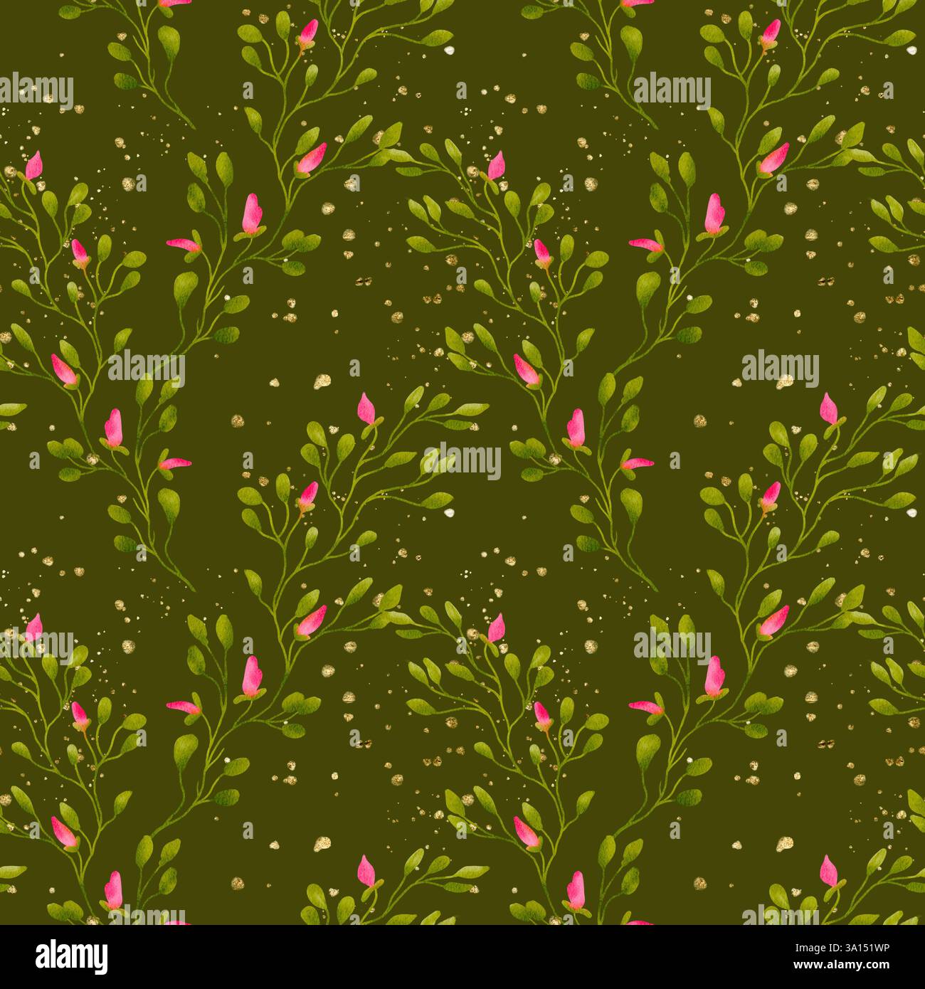 A charming and vibrant green floral pattern that showcases delicate ...