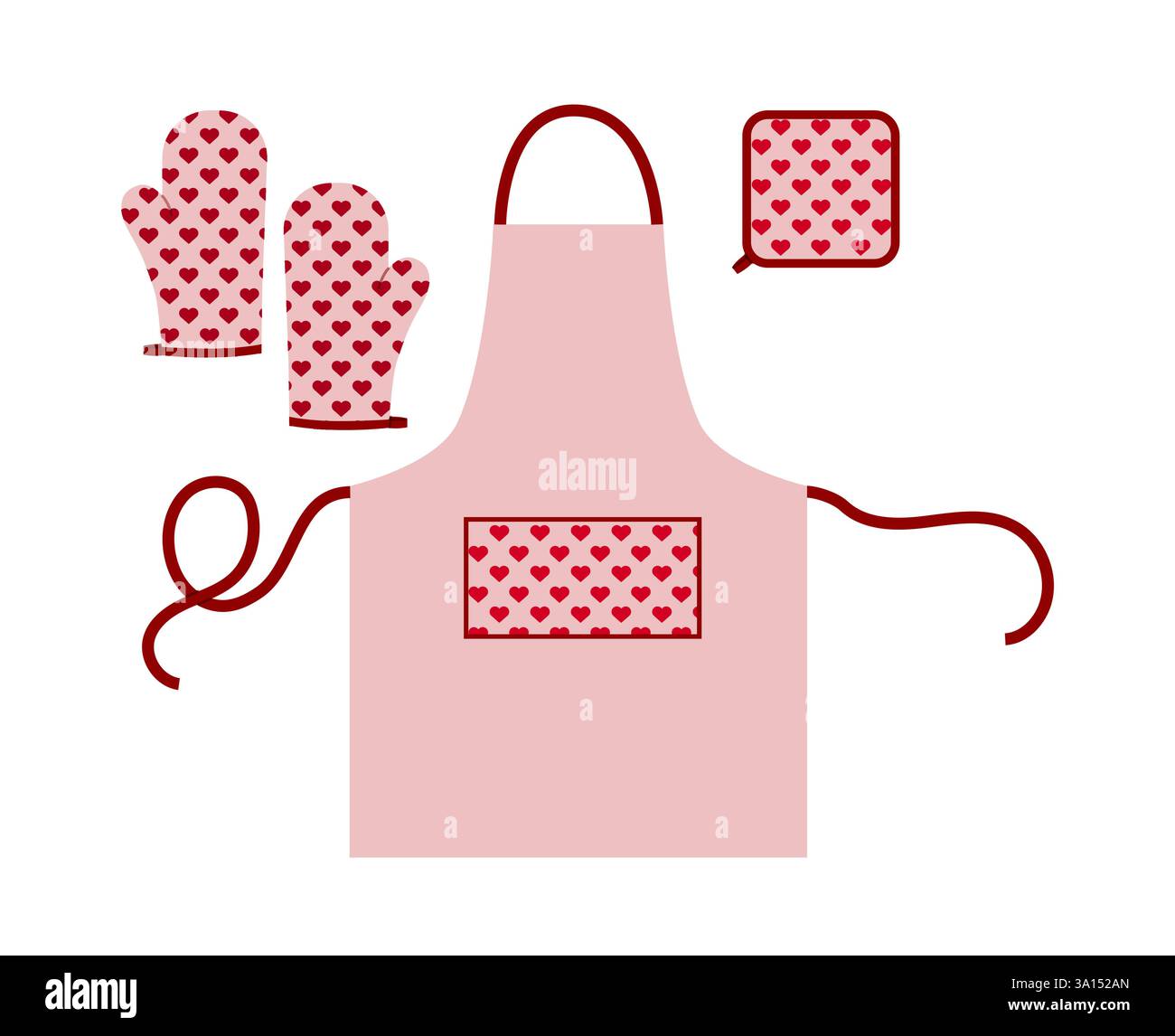 Set of Aprons, Oven Gloves and potholder pink cartoon heart pattern ...