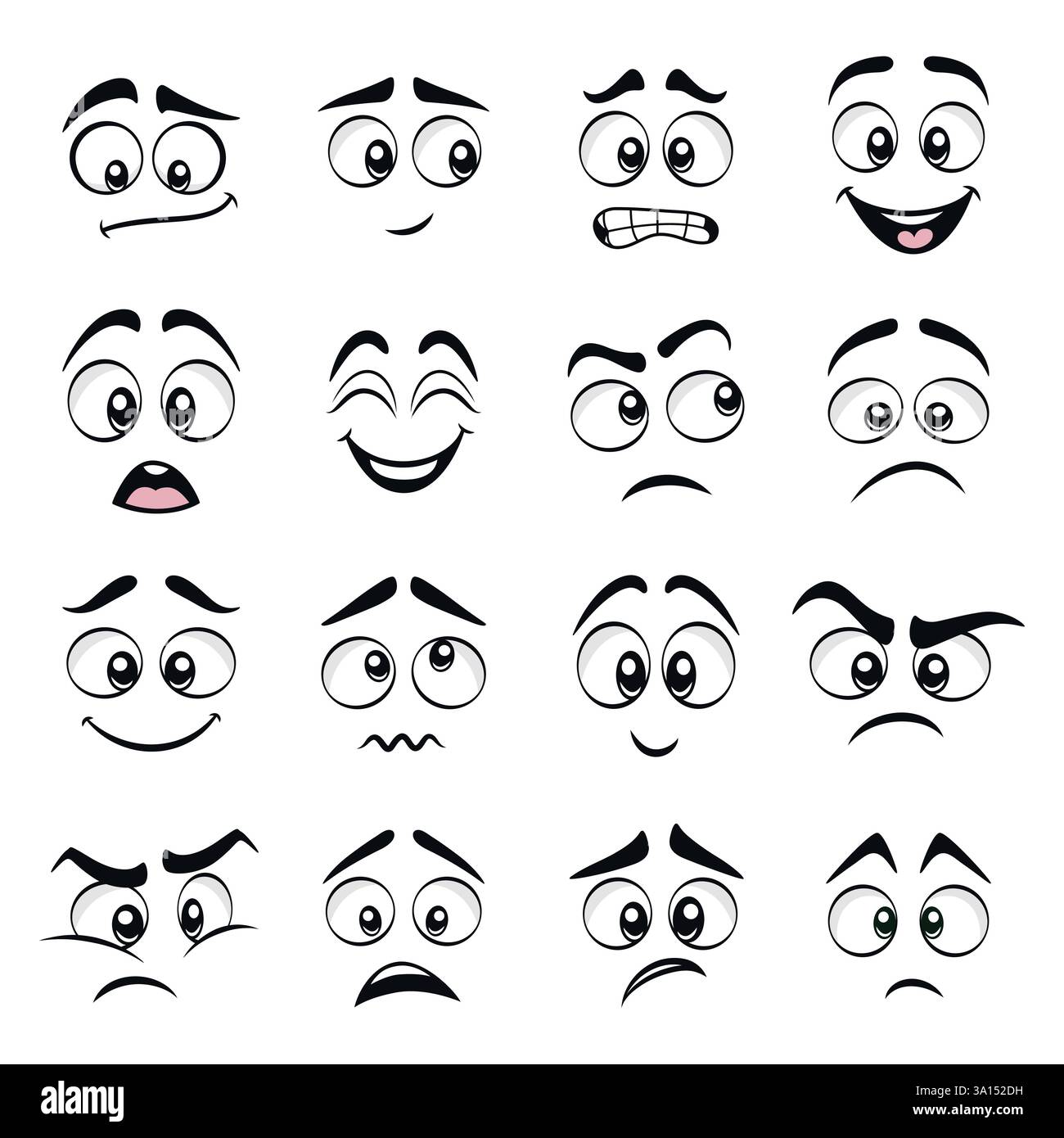 Flat Vector Expressive Cartoon Faces Set. Funny, Happy, Sad, Angry ...