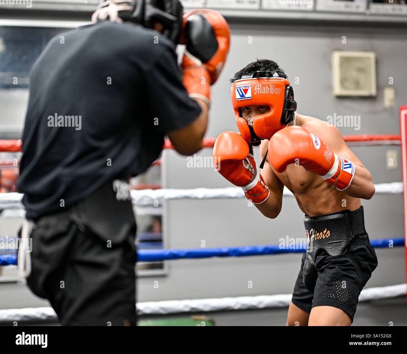 Hiroto Kyoguchi (R) of Japan during a public workout in Tokyo, Japan on ...