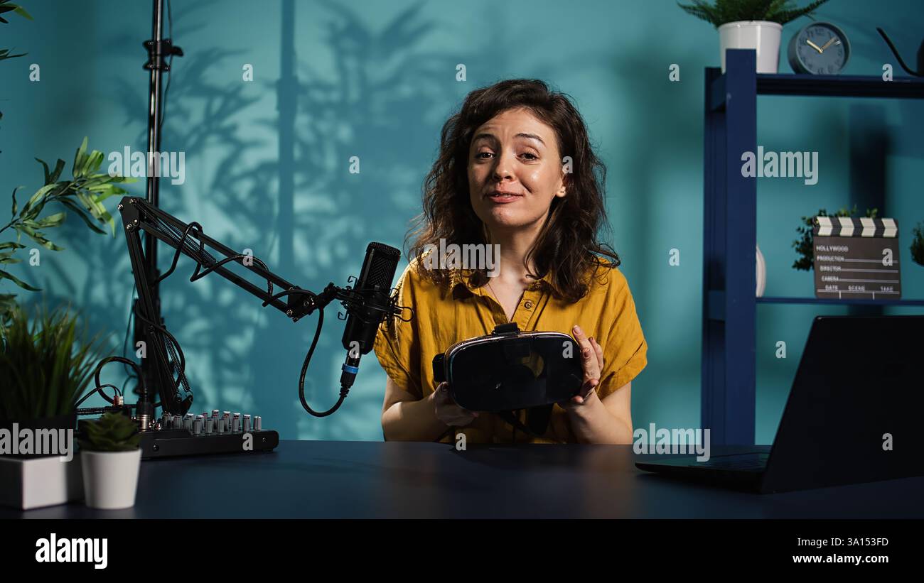 Happy tech content creator filming technology review of newly released ...