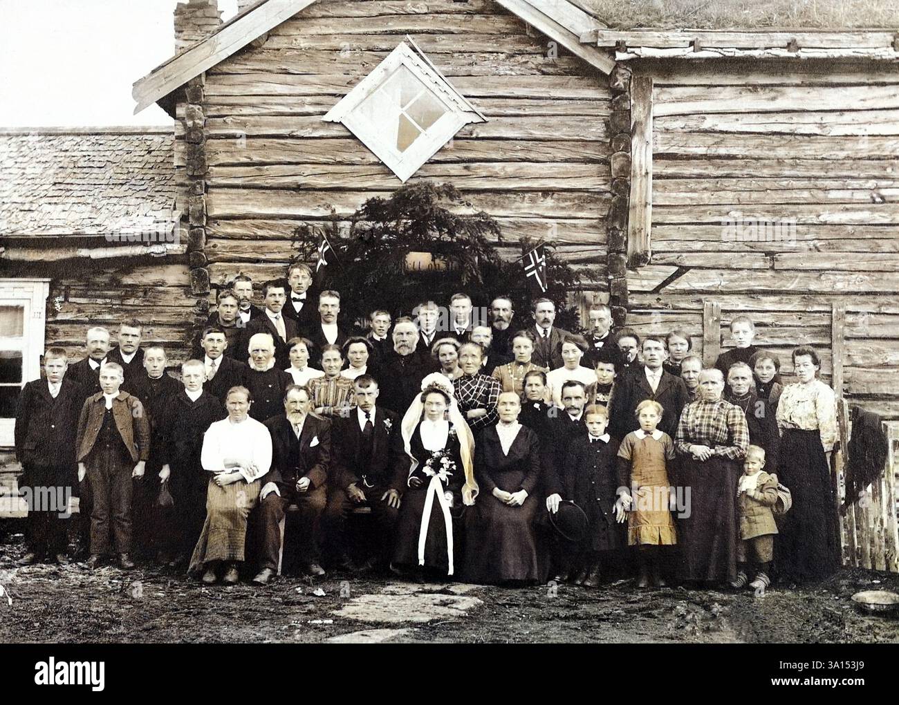 Large group portrait of a Norwegian wedding party, posed outdoors, 1914 ...