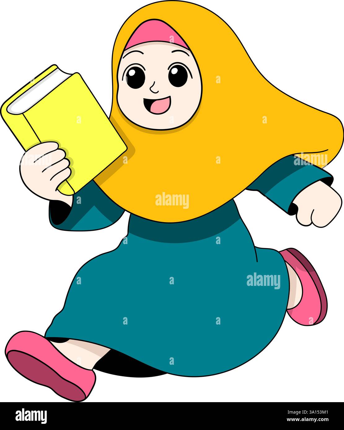 A cheerful Muslim girl wearing a yellow hijab and teal dress is ...