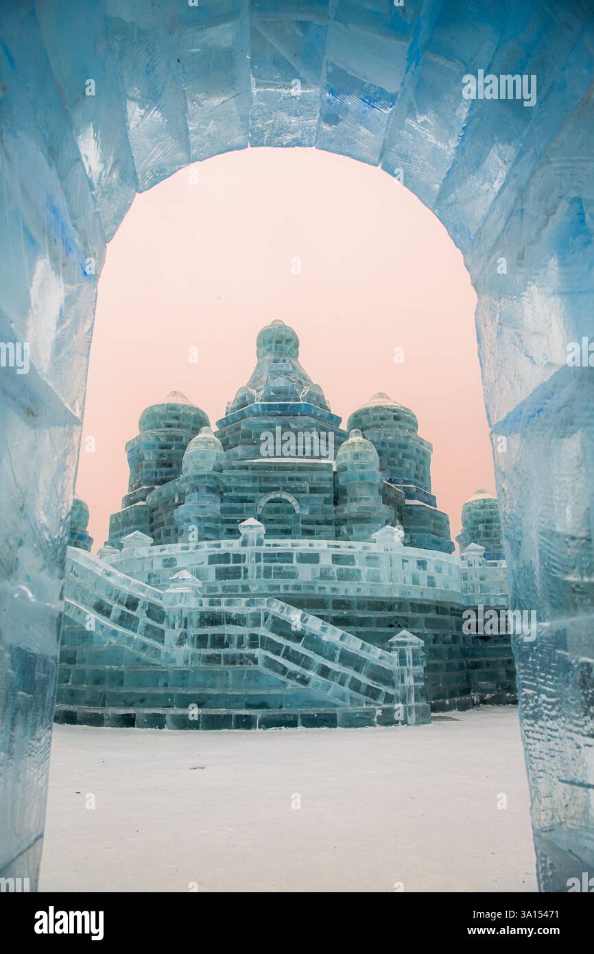 January 1, 2022, HARBIN, CHINA. Ice building. Harbin International Ice ...