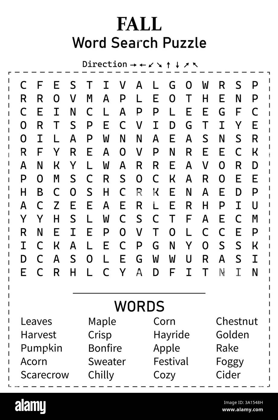 Fall or Autumn Season Word Search 15x15 Puzzle Game for Kids, Teens ...