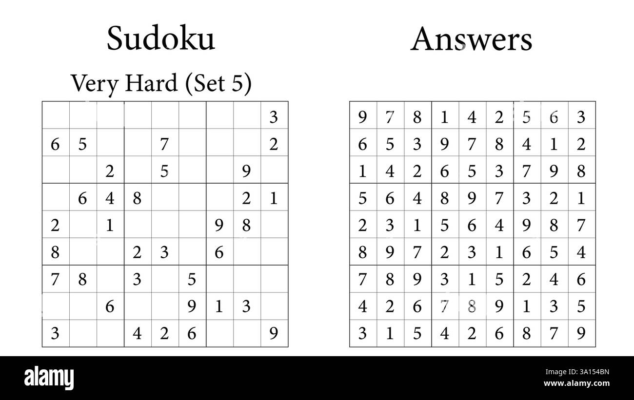 Sudoku Puzzle 9x9 Set 5 Very Hard with Answers, Fun Brain-Training Game ...