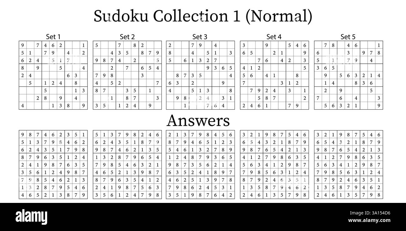 Sudoku Puzzle Normal 9x9 Collection 1, 5 Sets, with Answers, Fun Brain ...