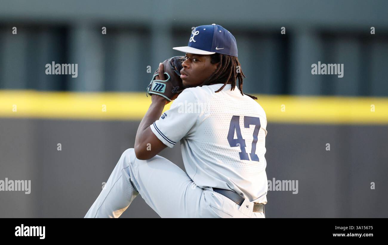 Longwood pitcher Isaiah Brewington throws before an NCAA baseball game ...