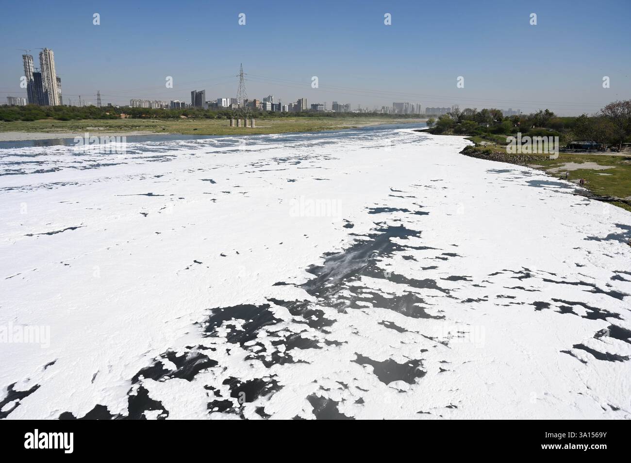 NEW DELHI, INDIA - MARCH 5: Toxic foam floating over Yamuna River near ...