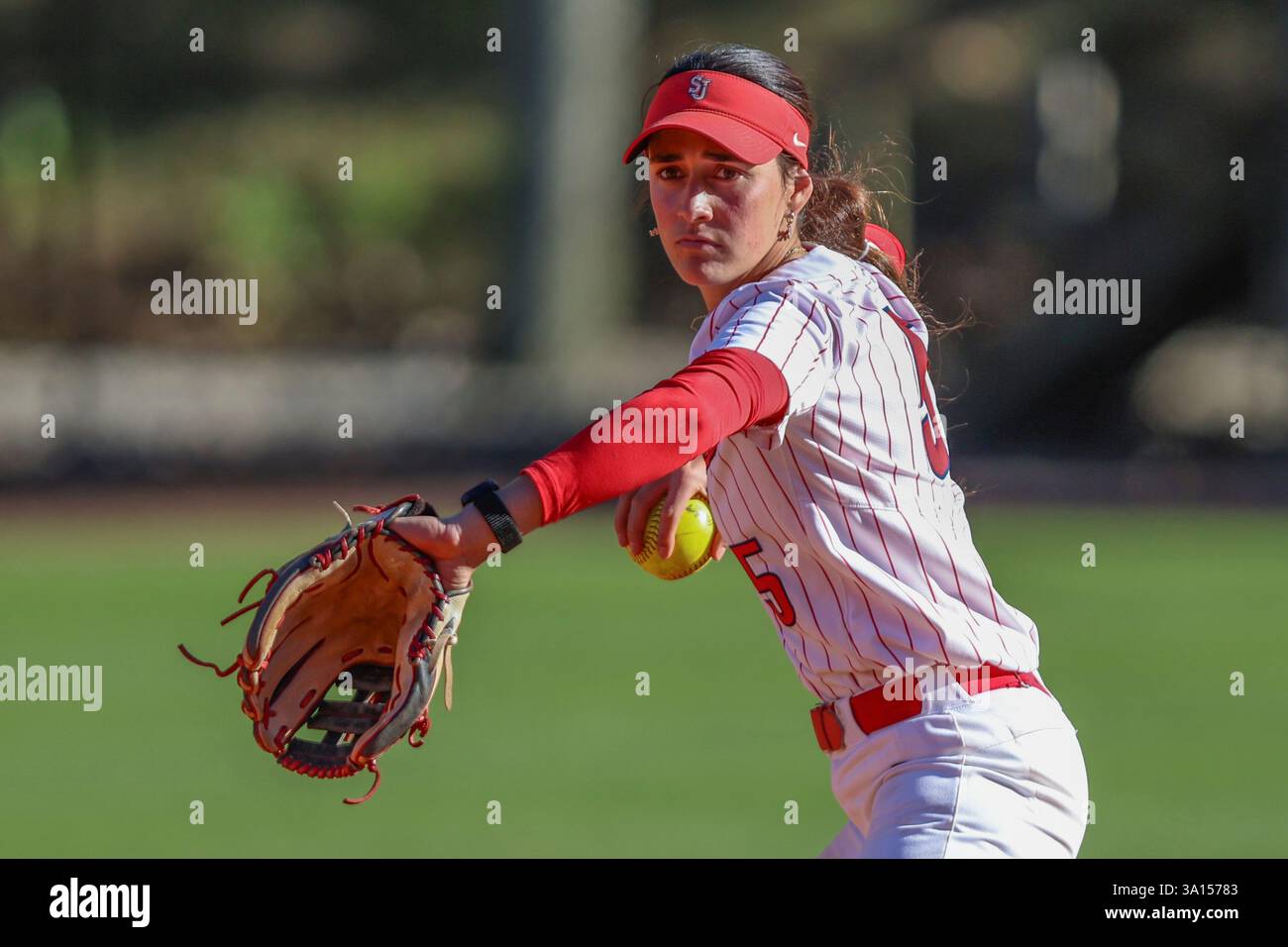 St John's utility Natalie Casto (5) in action during an NCAA softball ...