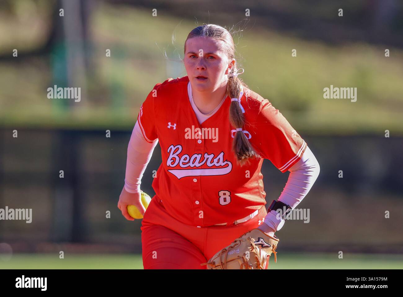 Mercer pitcher Hannah Pitts (8) in action during an NCAA softball game ...