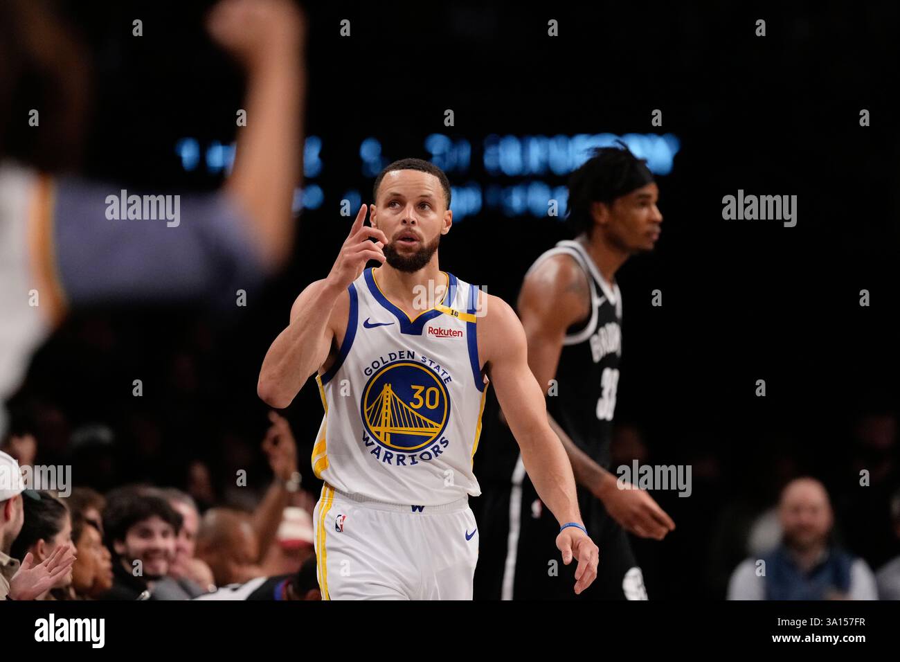 Golden State Warriors' Stephen Curry (30) gestures after making a three ...