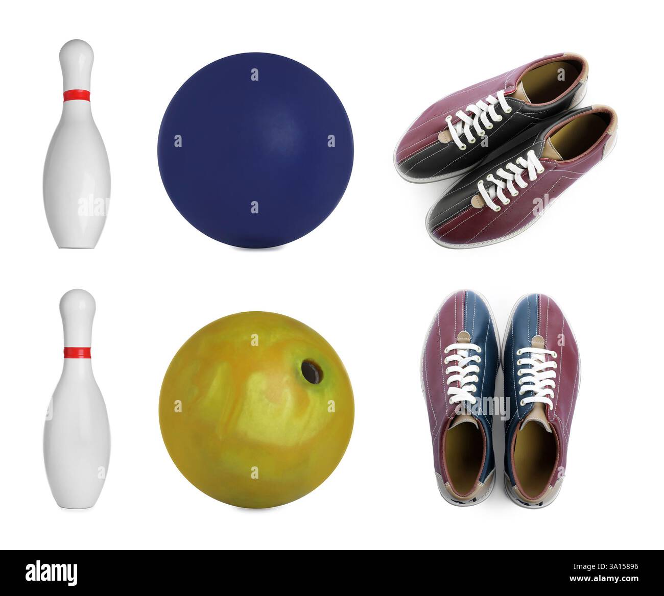 Bowling shoes, pins and balls isolated on white, set Stock Photo - Alamy