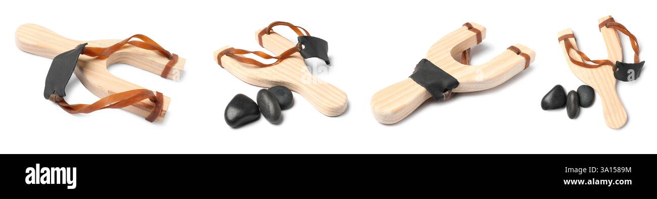 Wooden slingshot with pebbles on white background, collage. Views from ...