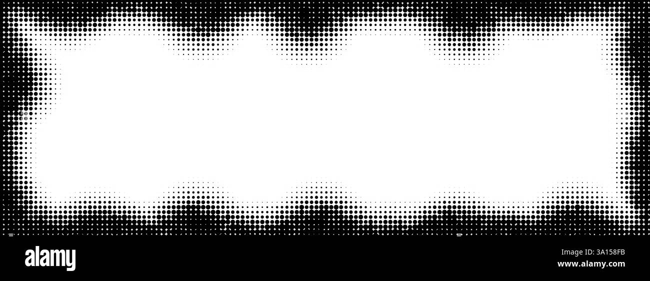 Halftone rectangle grain frame. Black comic dotted wavy border. Pop art ...
