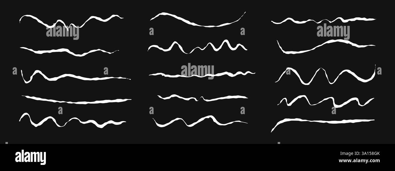 Hand drawn chalk wavy lines set. White pastel squiggle underlines and ...