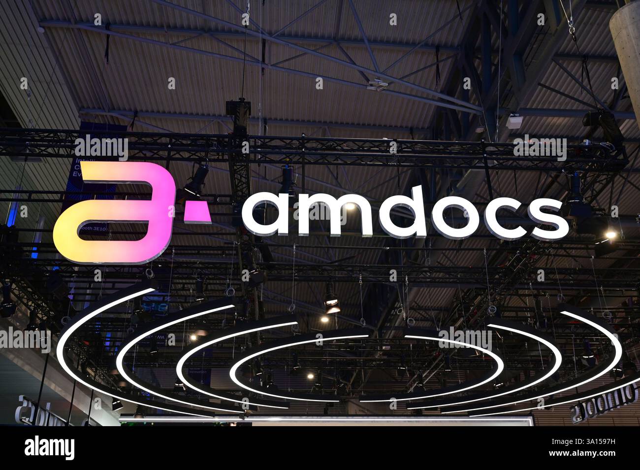 Logo of the American company Amdocs is displayed during the Mobile World Congress. Logos of ...