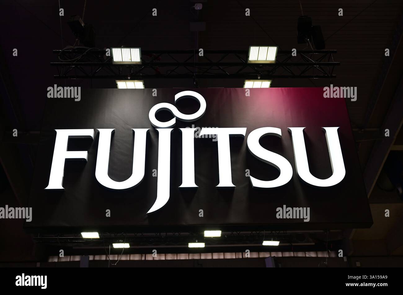 Logo of the Japanese company Fujitsu is displayed during the Mobile ...