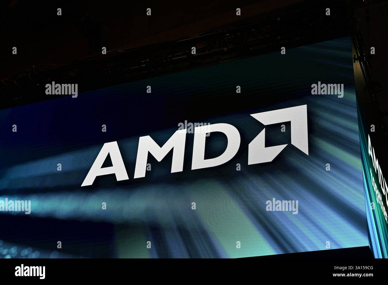 Logo of the American company AMD is displayed during the Mobile World ...