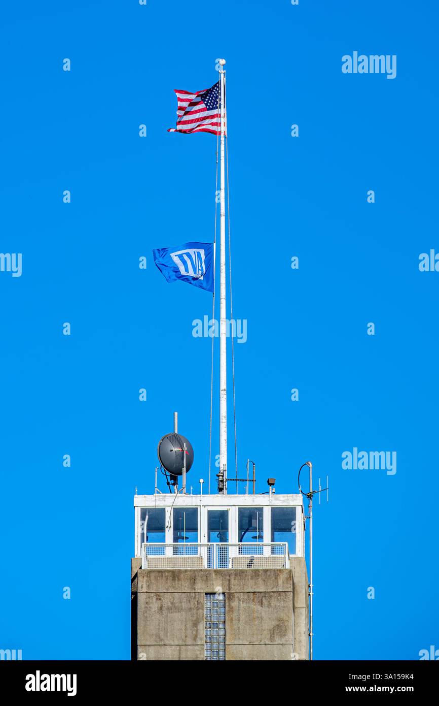 American and TVA flags flying from a flagpole on top of Douglas Dam ...