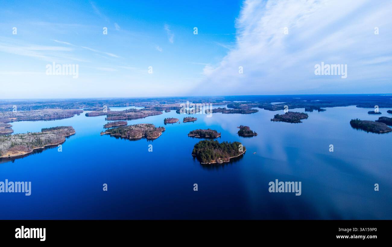 Scenic Canadian drone landscape over a beautiful northern Ontario lake ...