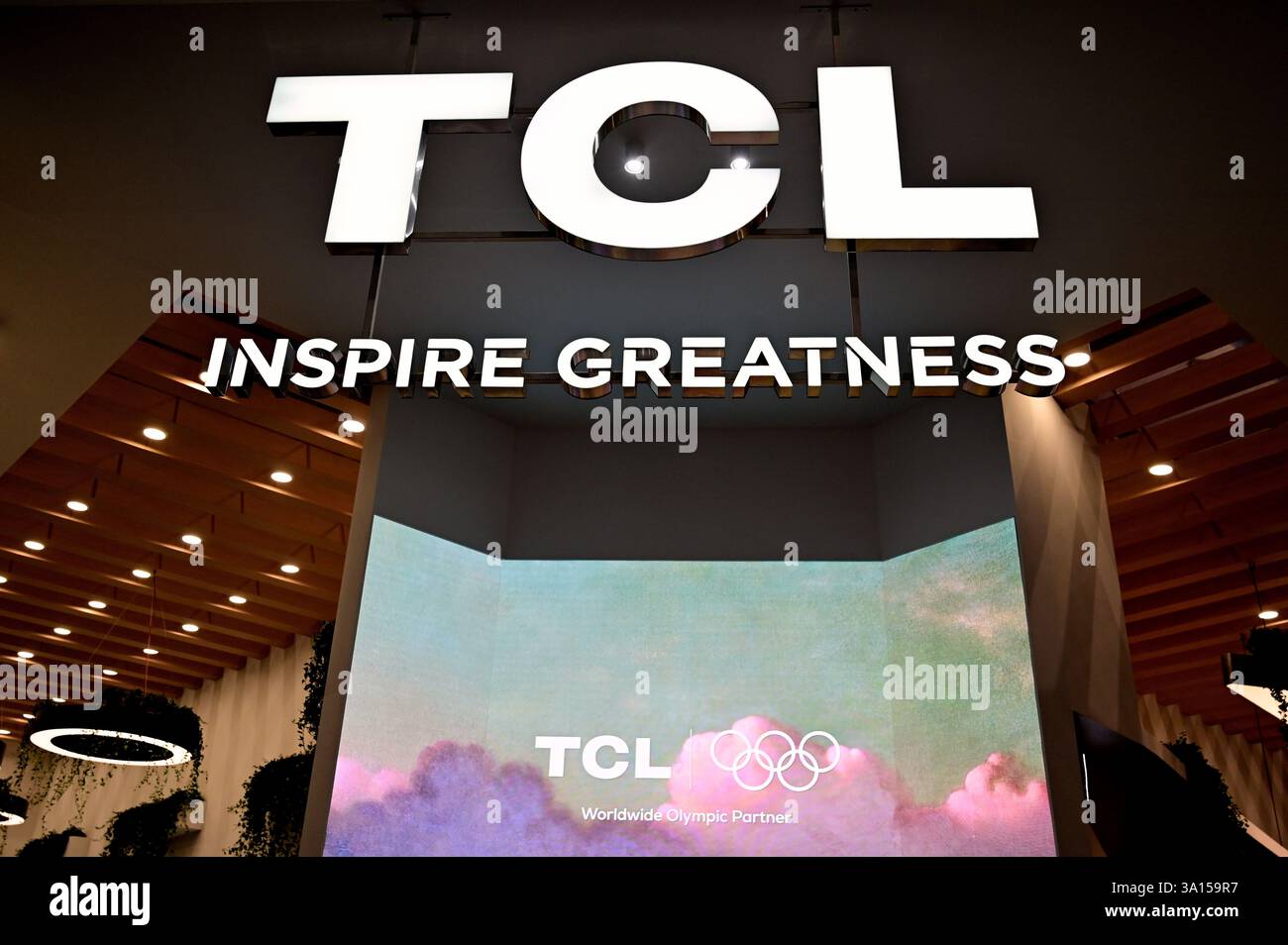 Logo of the American company TCL is displayed during the Mobile World ...