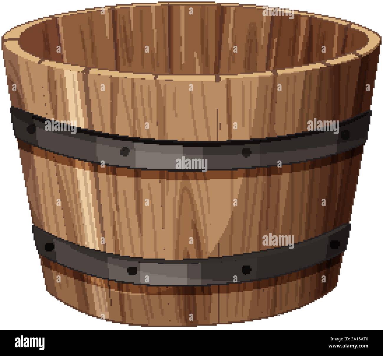 Detailed vector illustration of a wooden bucket with metal bands ...