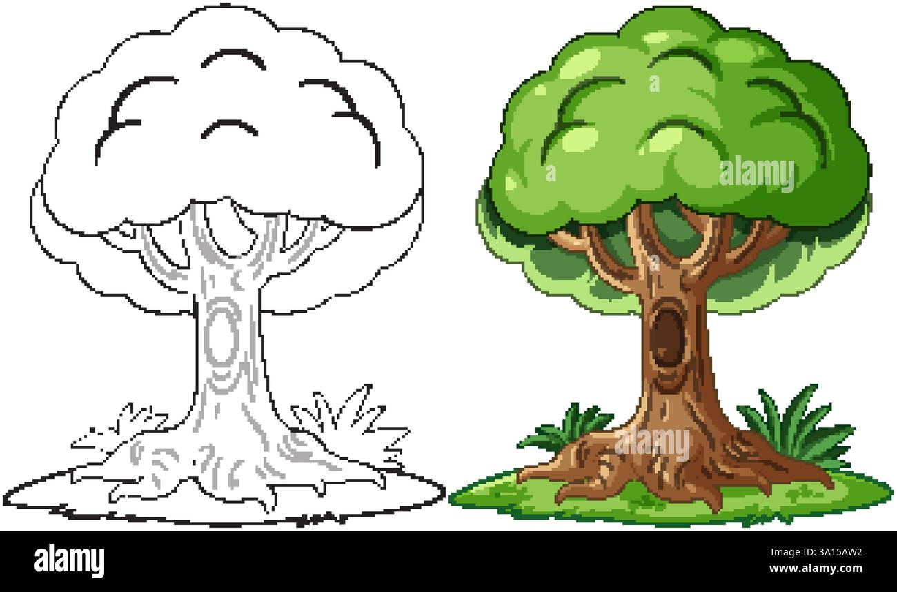 Colorful cartoon tree with matching black and white outline drawing ...