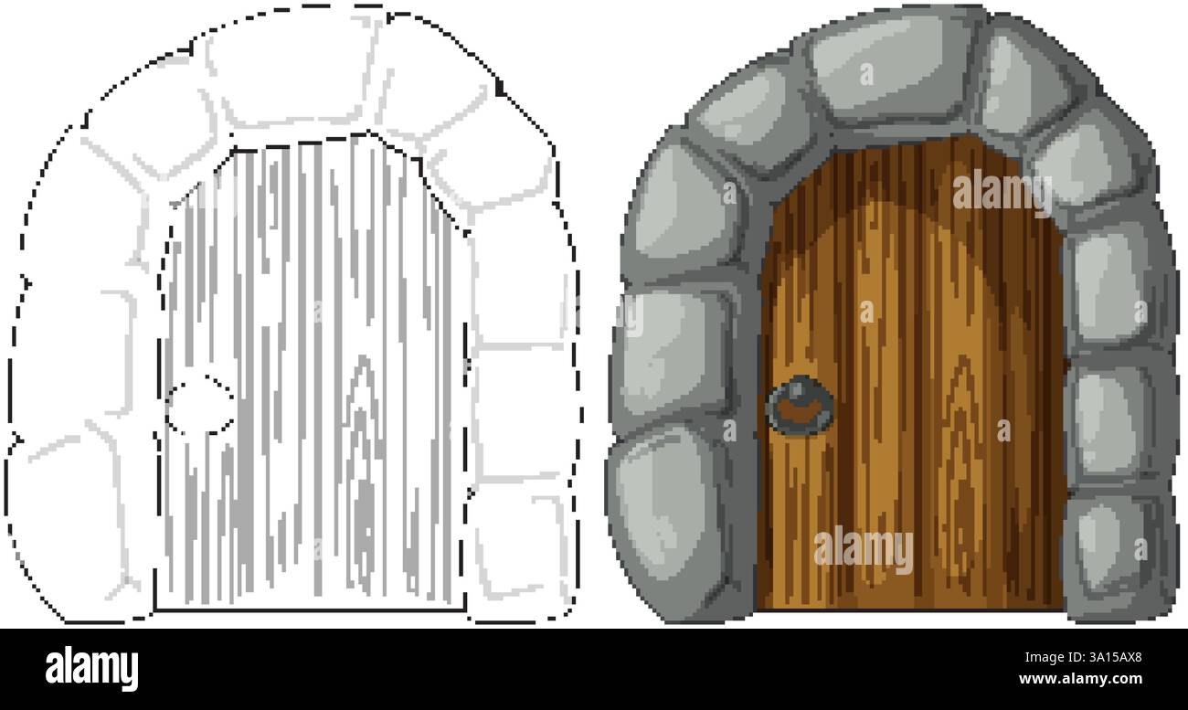 Vector illustration of a wooden door framed by stone arch. Includes ...
