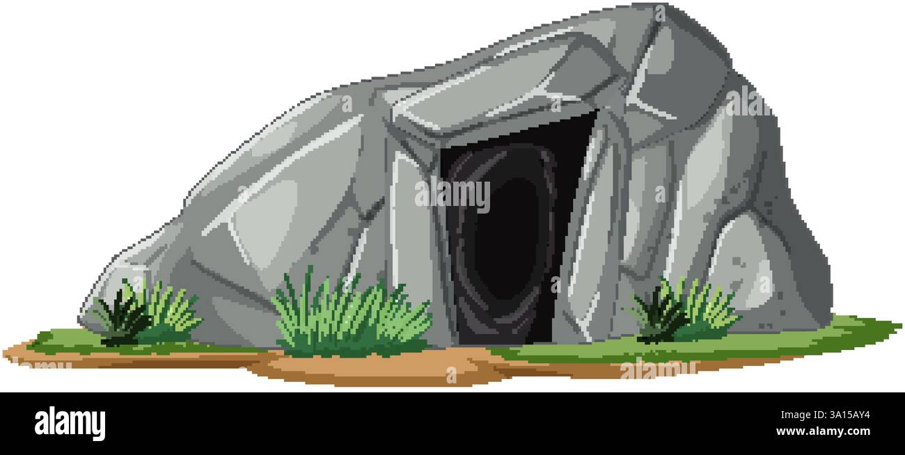Vector illustration of a rocky cave entrance surrounded by grass ...