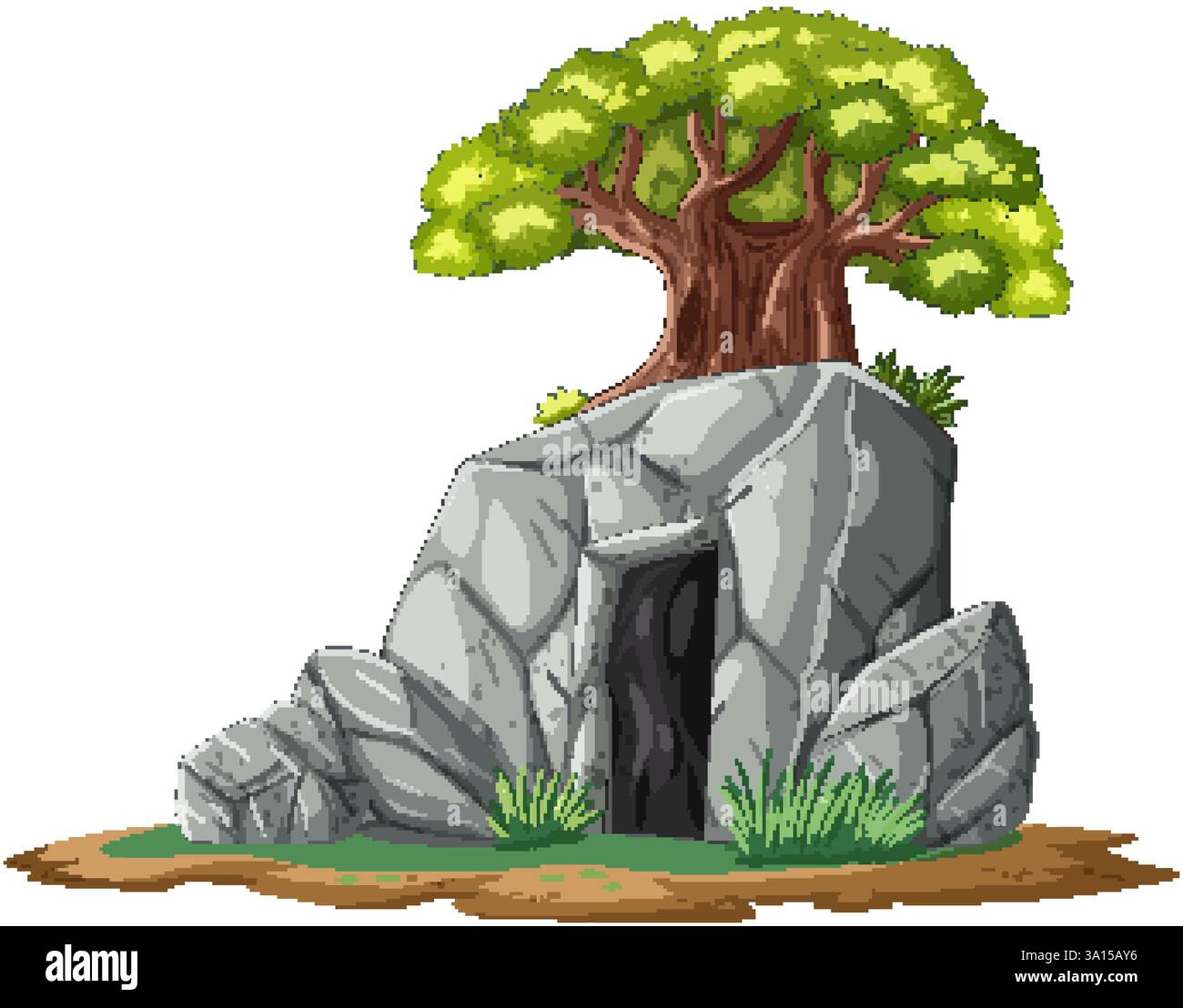 Vector illustration of a tree growing atop a rocky cave entrance ...
